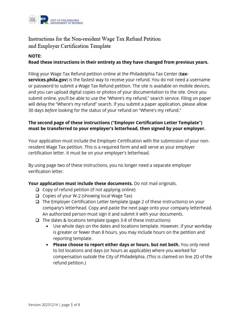 Philadelphia Wage Tax Refund Guide | PDF | Employment | Irs Tax Forms