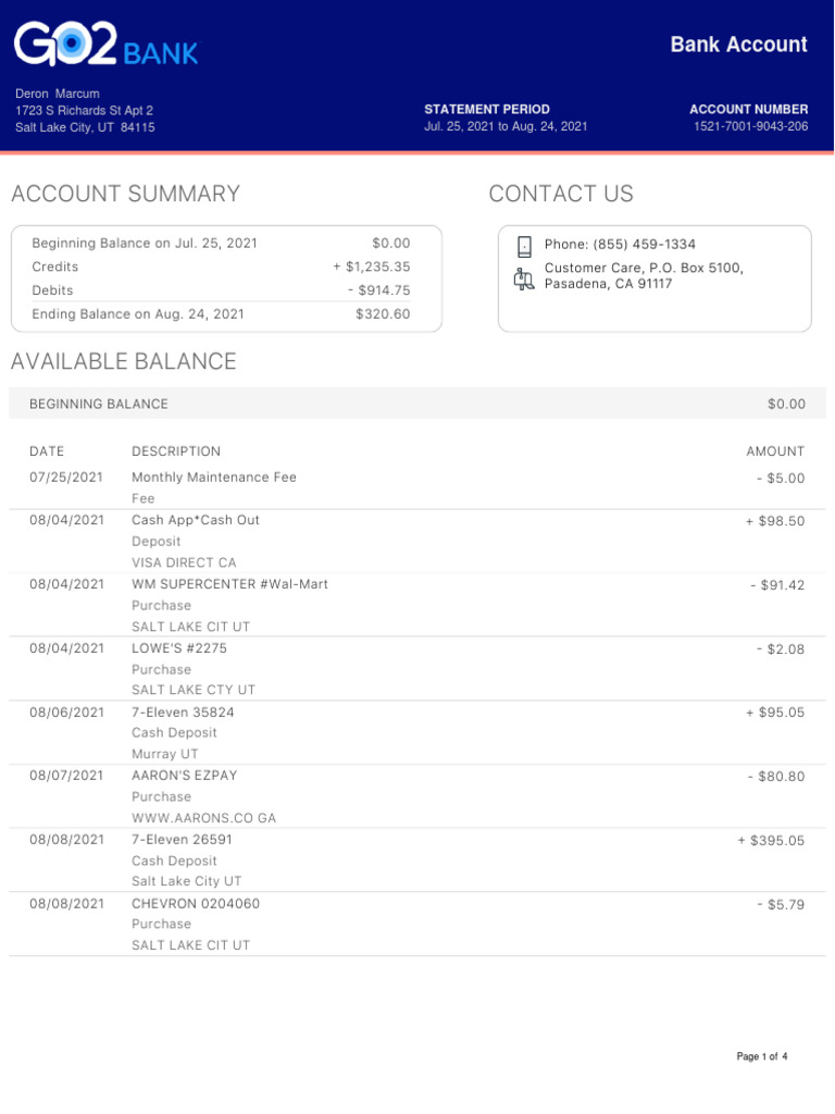 GO2bank Statement August 24, 20216165530649149247737 | PDF | Financial ...