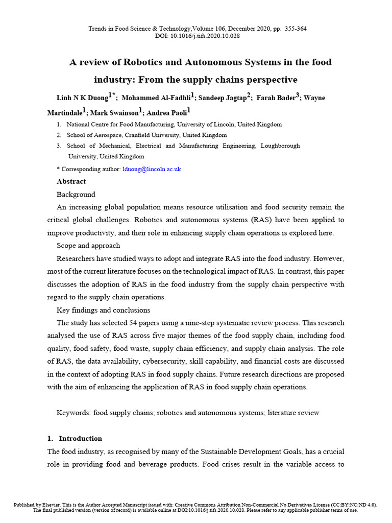 Robotics and Autonomous Systems in The Food Industry-2020 | PDF ...