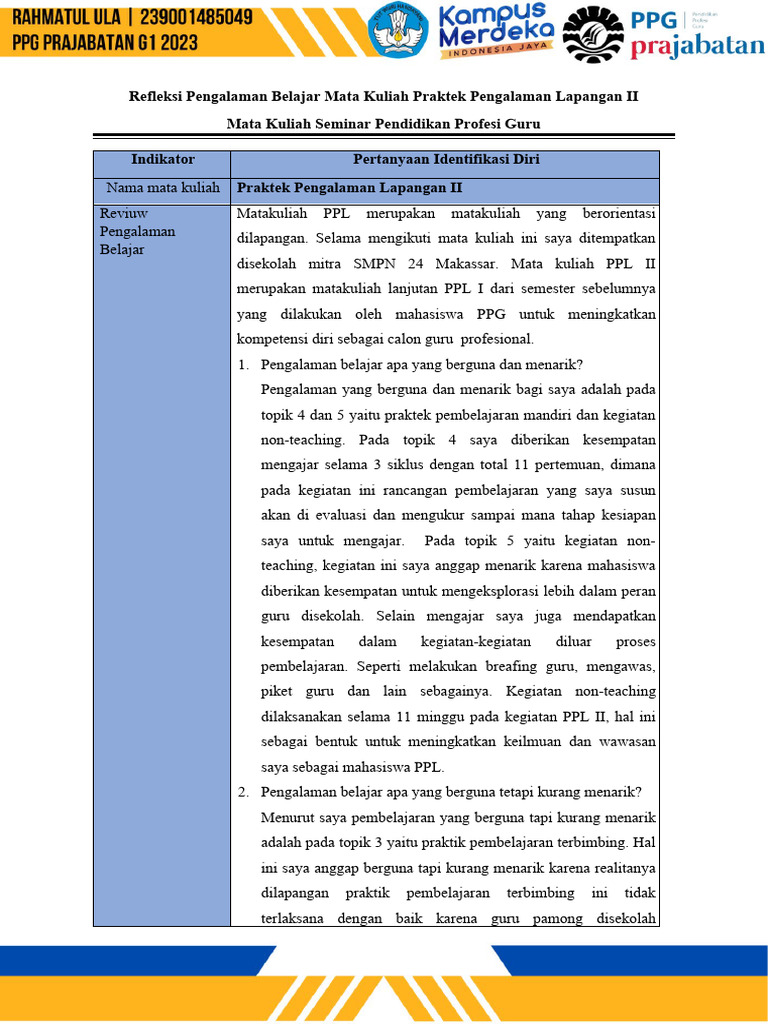 Refleksi Pengalaman Belajar Mata Kuliah PPL II | PDF | Karier ...