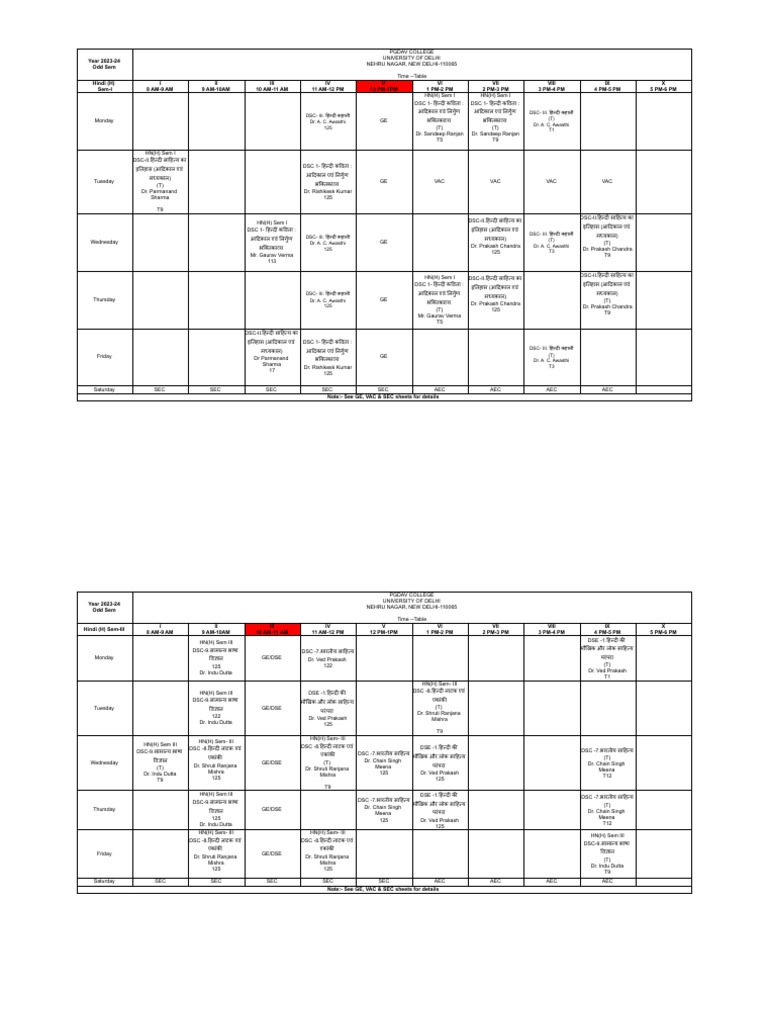 Students Timetable Odd Sem 2023-24 - Hindi1 | PDF