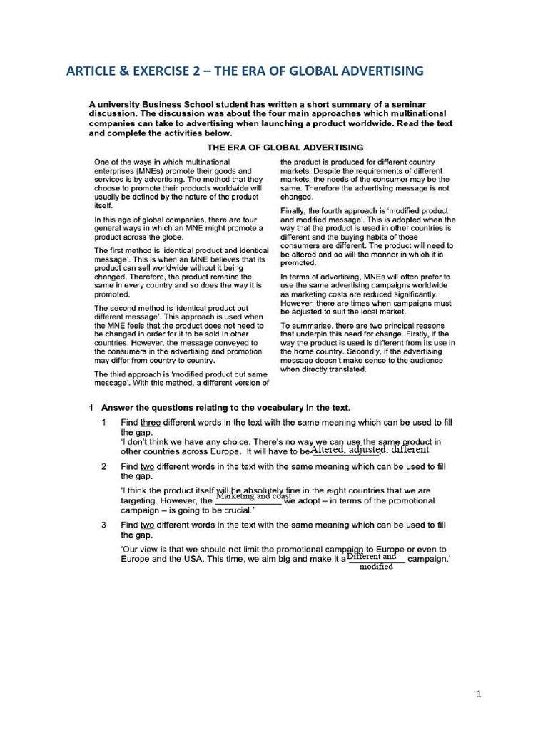 Article Exercise 2 - The Era of Global Advertising - A196475 | PDF ...