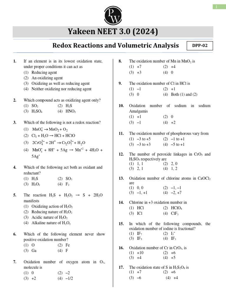 Redox Reactions and Volumetric Analysis - DPP-02 (EXTRA) - Yakeen 3.0 ...