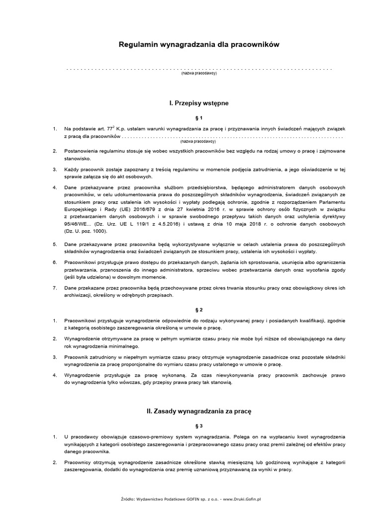 Regulamin Wynagradzania Przyklad | PDF