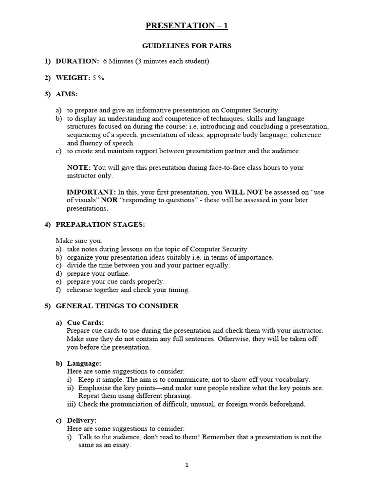 ENG102 Presentation 1 Guidelines PAIRS | PDF | Fluency | Human Communication