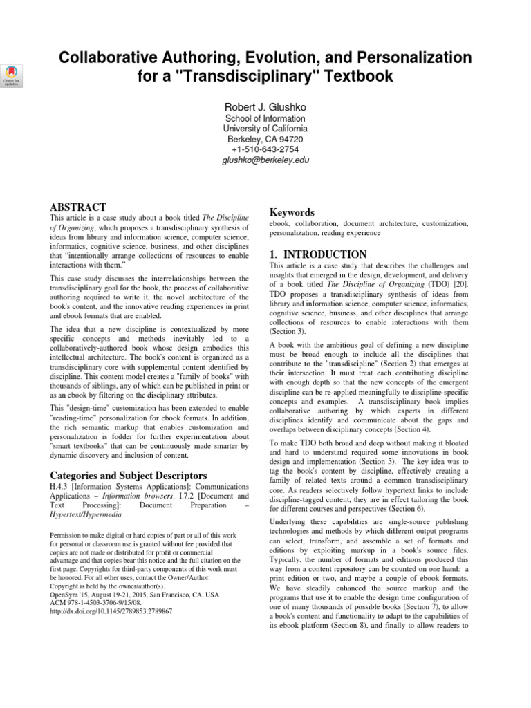 Collaborative Authoring, Evolution, and Personalization For A "Transdisciplinary" Textbook | PDF ...