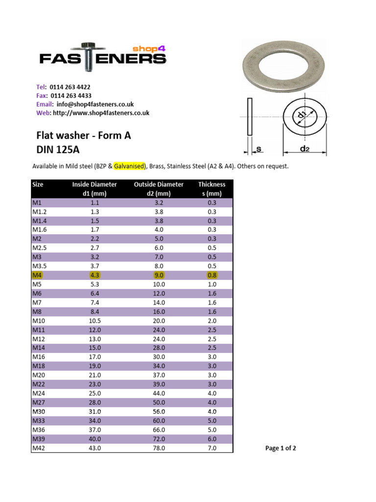 Flat Washers DIN 125A Size Chart | PDF | Military Technology | Military ...