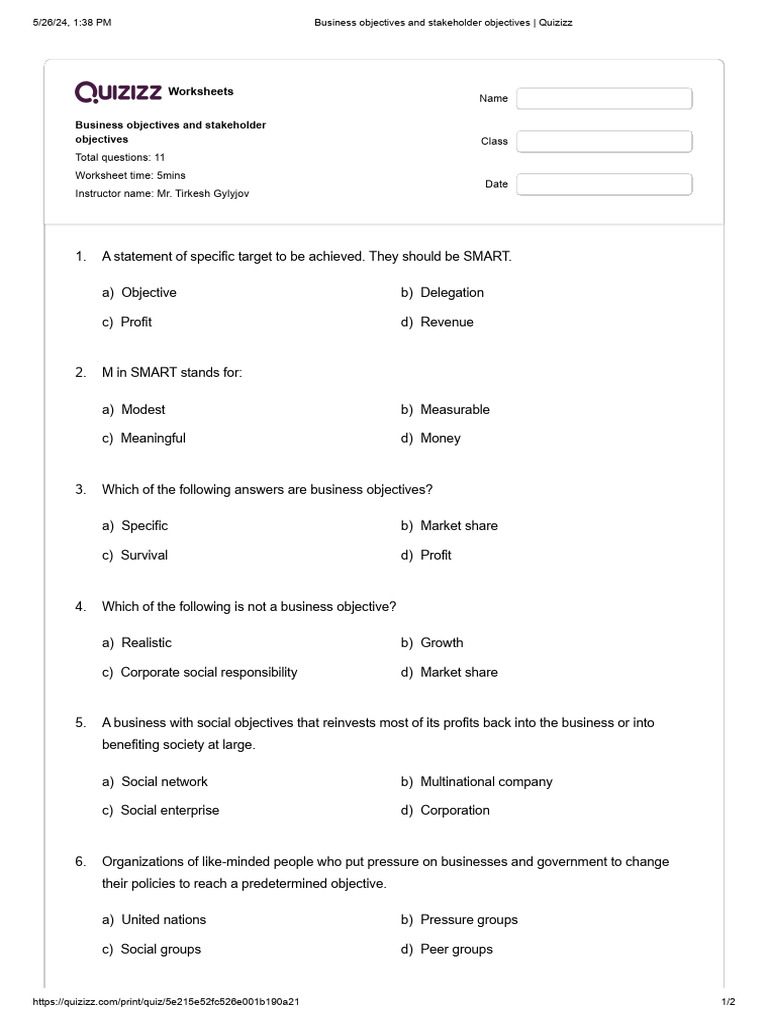 Business and Stakeholder Objectives Quiz | PDF | Stakeholder (Corporate ...