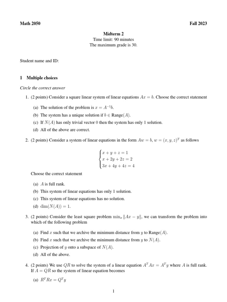 Math 2050 Fall 2023 Midterm 2 Exam | PDF | System Of Linear Equations ...