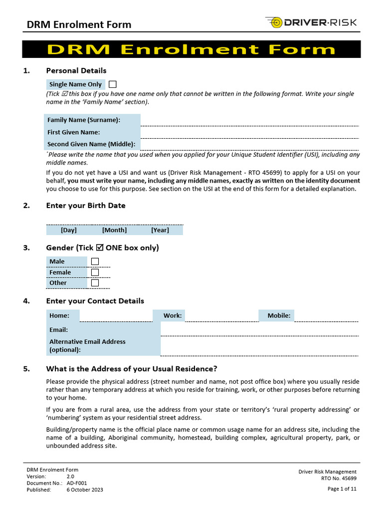 Enrolment Form 2024 - Editable | PDF | Disability | Chronic Condition
