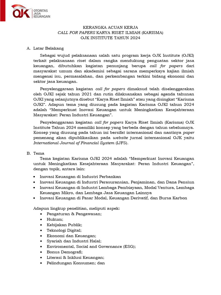 Kerangka Acuan Kerja Call For Papers Karya Riset Ilmiah (Karisma) Ojk ...