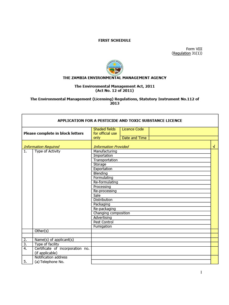 Zambia Pesticide License Application Form | PDF | Toxicity | Pesticide