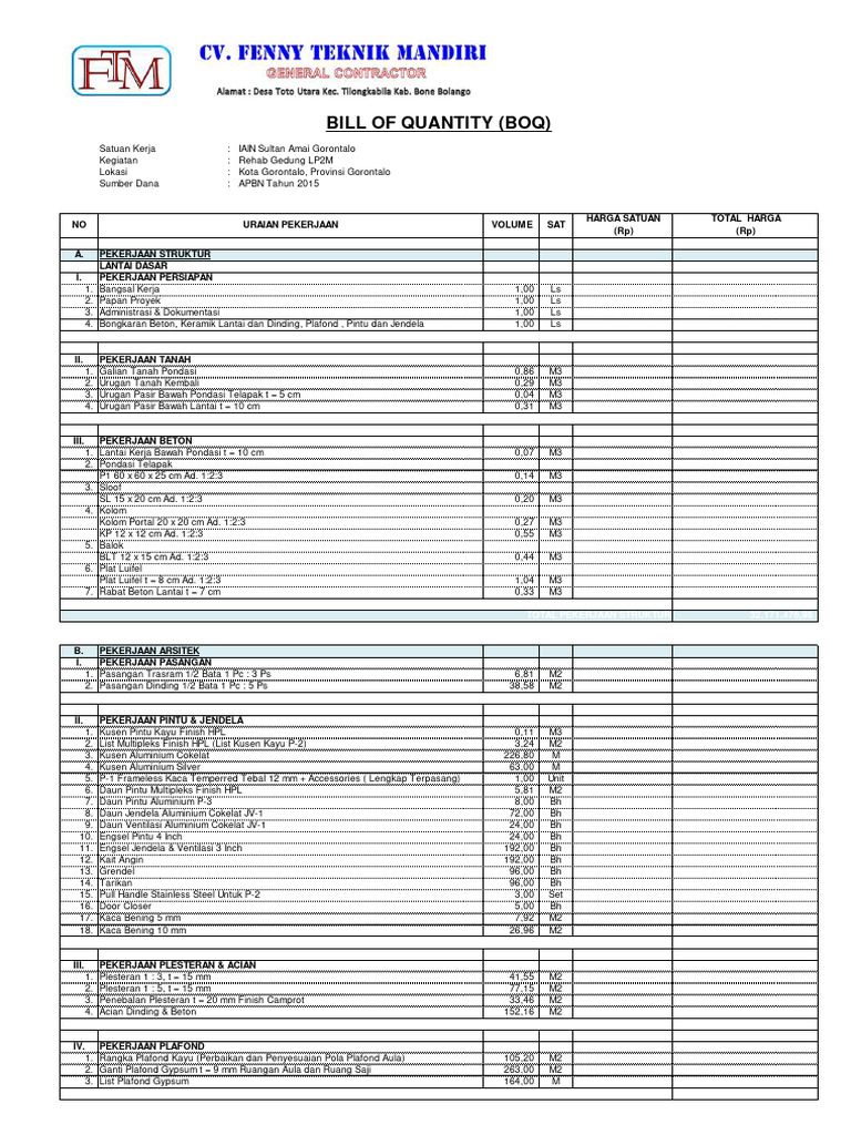 Contoh BOQ Proyek Rehab Gedung | PDF