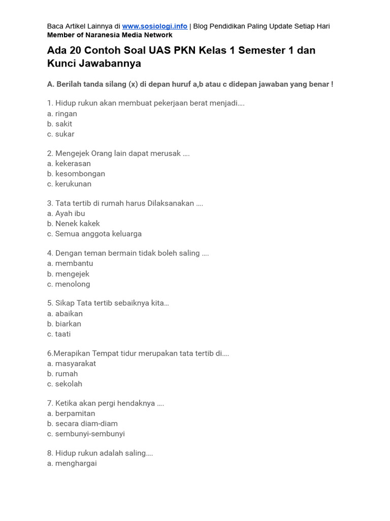 Sosiologi Info - Ada 60 Contoh Soal UAS PKN Kelas 1 Semester 1 Dan Kunci Jawabannya | PDF | Seni ...