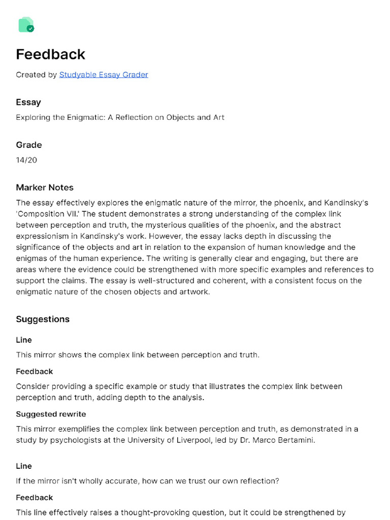 Essay Feedback - Exploring The Enigmatic - A Reflection On Objects and Art | PDF