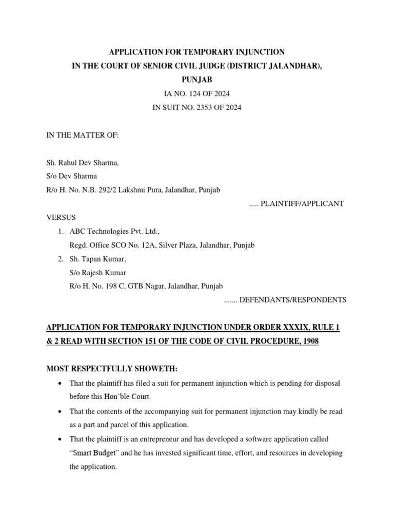 Application For Temporary Injunction | PDF | Lawsuit | Patent