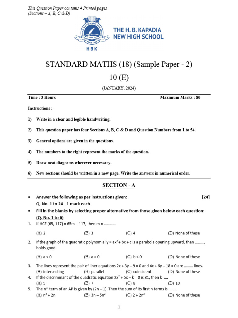X_Standard Maths_Sample Paper - 2 | PDF | Quadratic Equation | Mathematics