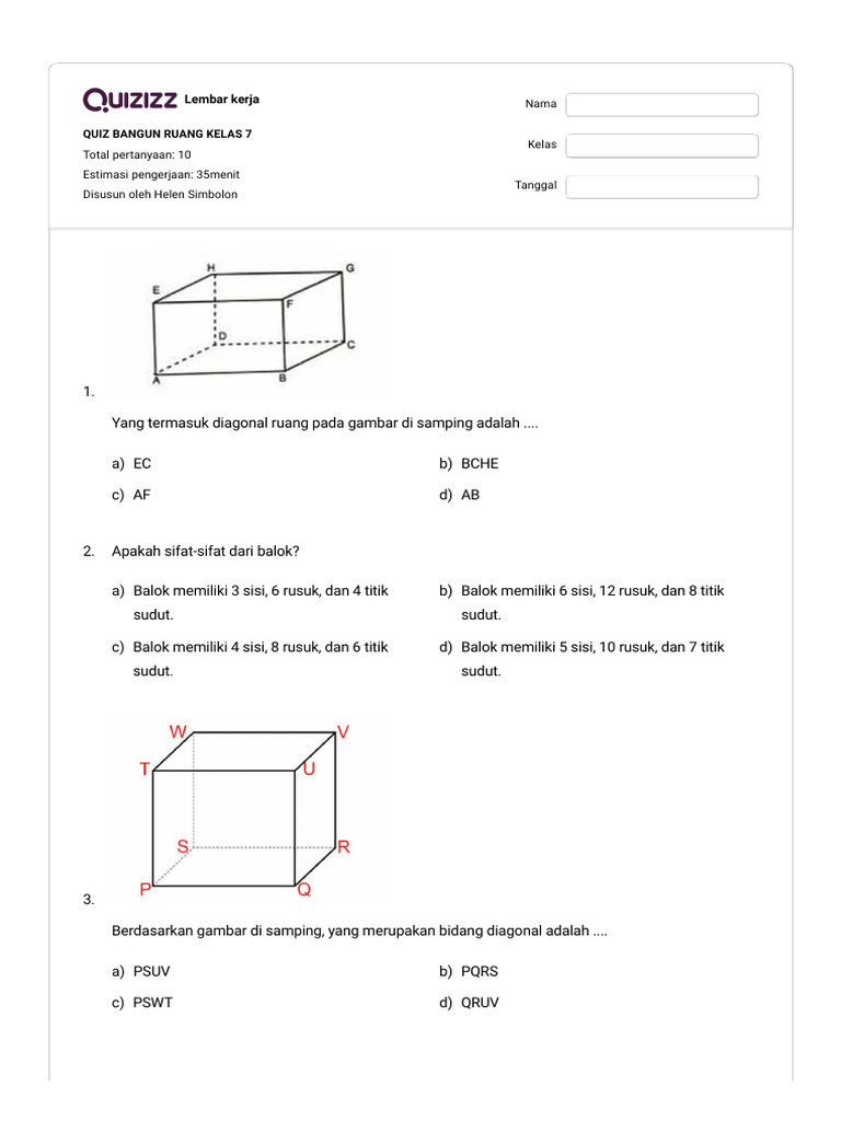 Quiz Bangun Ruang Kelas 7 _ Quizizz | PDF