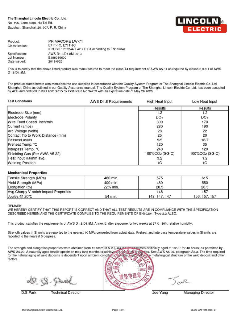 AWS D1.8 Certificate-Primacore LW71 | PDF | Materials Science | Applied And Interdisciplinary ...