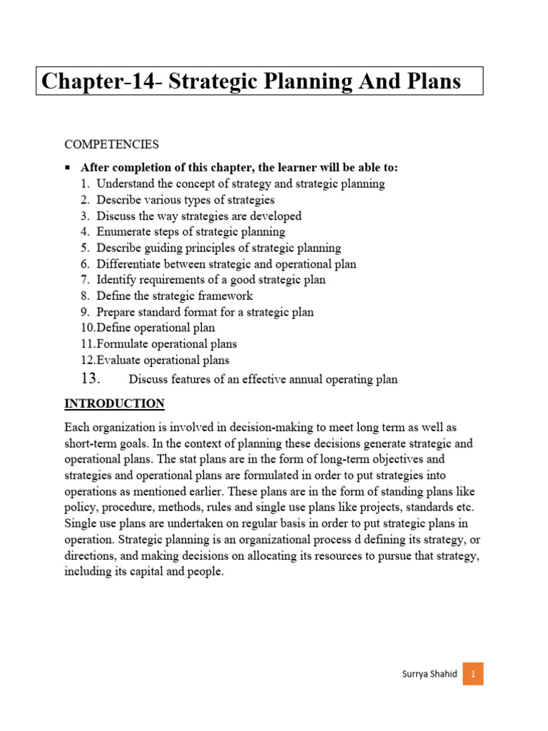Chapter 14 Strategic Planning And Plans Pdf Strategic Planning