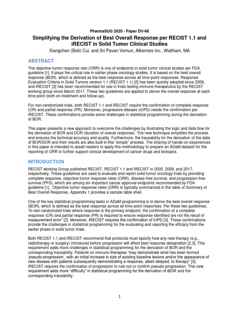 Simplifying The Derivation of Best Overall Response Per RECIST 1.1 and ...