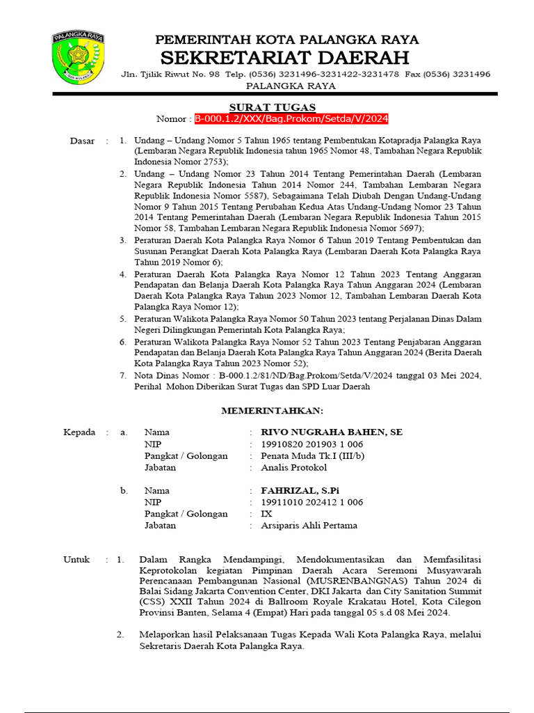 Surat Tugas SPD TTD Asisten 3-1 | PDF