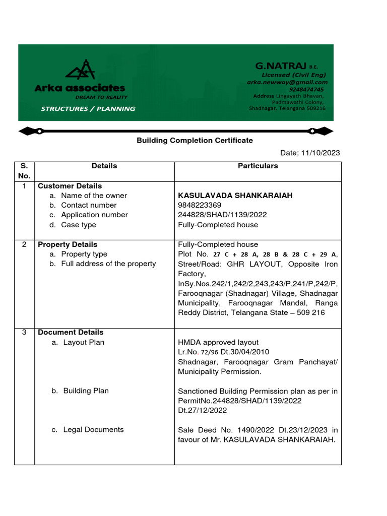 Certificate For Completion of Building Construction. | Download Free ...
