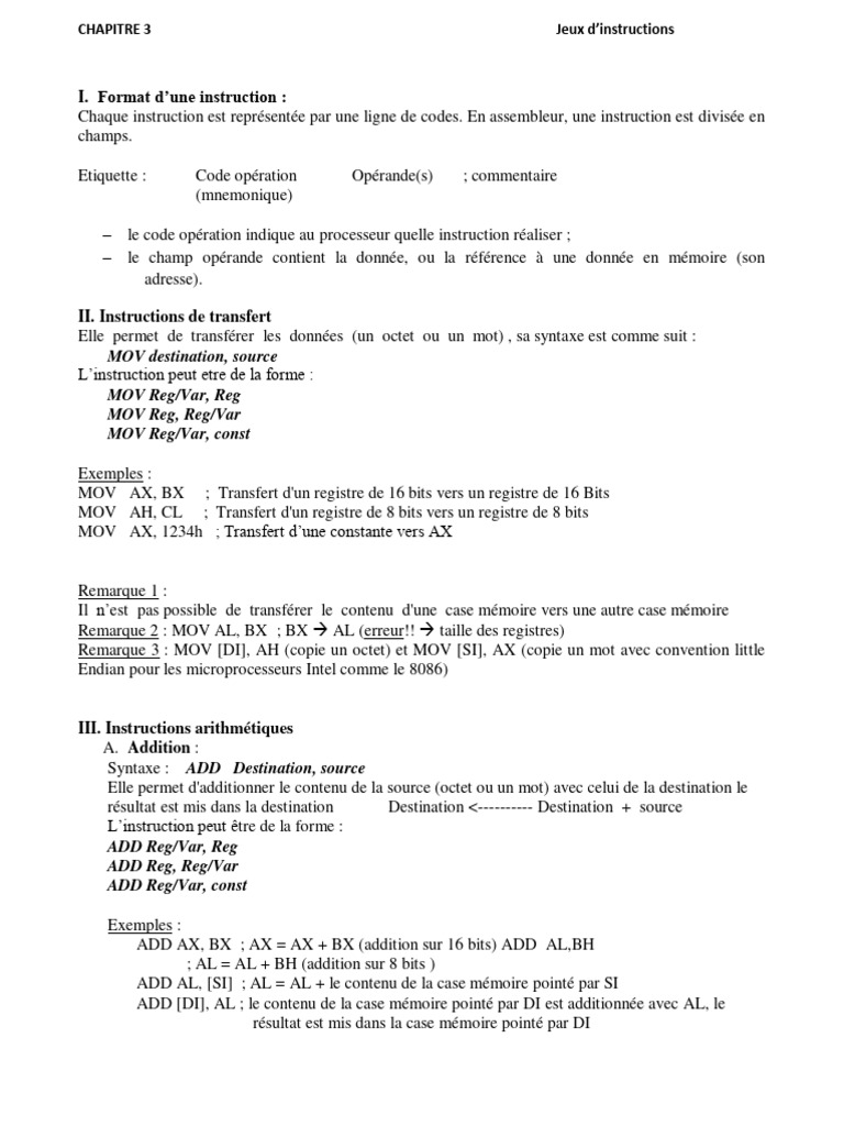 Instructions Assembleur : Transfert et Opérations | PDF | Matériel de ...