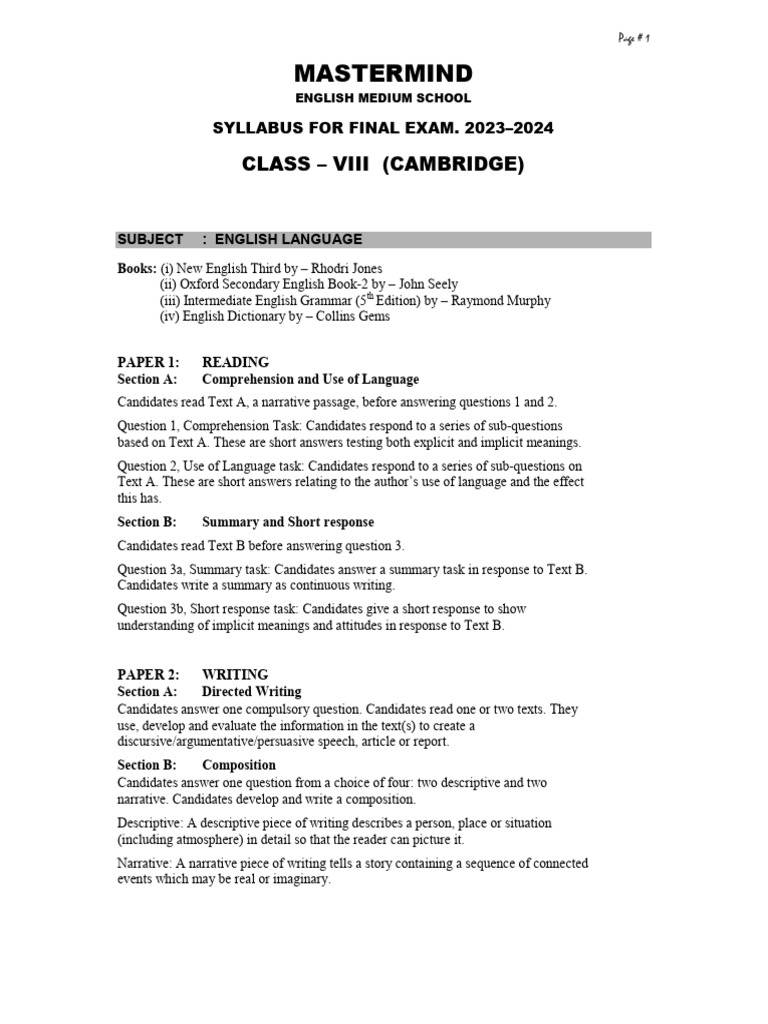 8 (Class - Viii) - Syllabus For Final Exam - Cambridge - 2023 - 2024 ...