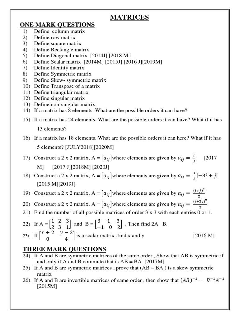 MATRICES Work Sheet | PDF | Matrix (Mathematics) | Functions And Mappings