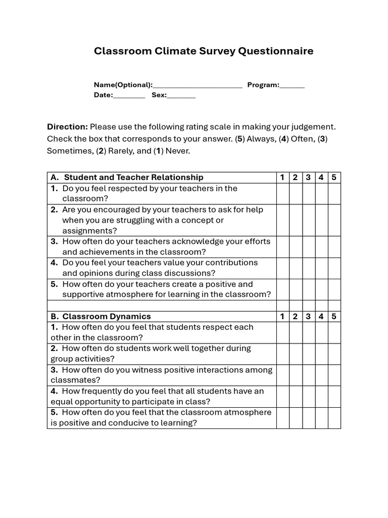 Classroom Climate Survey Questionnaire | PDF