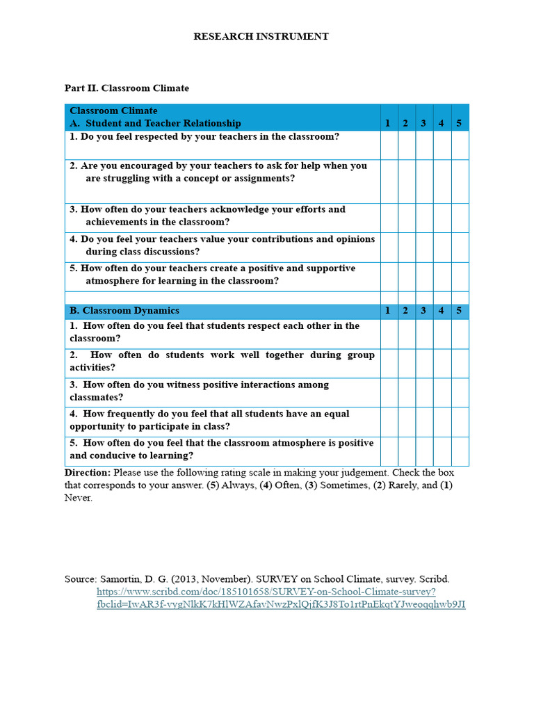 Classroom Climate Survey Questionnaire 2.0 | PDF