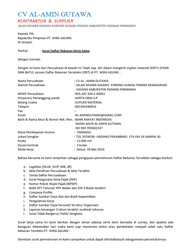 Surat Permohonan DRT (Badan) Rev | PDF