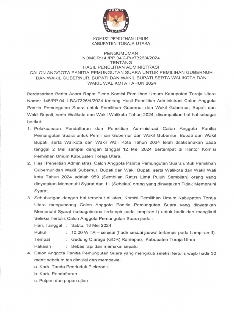 Pengumuman Hasil Penelitian Hasil Administrasi Calon Anggota PPS ...