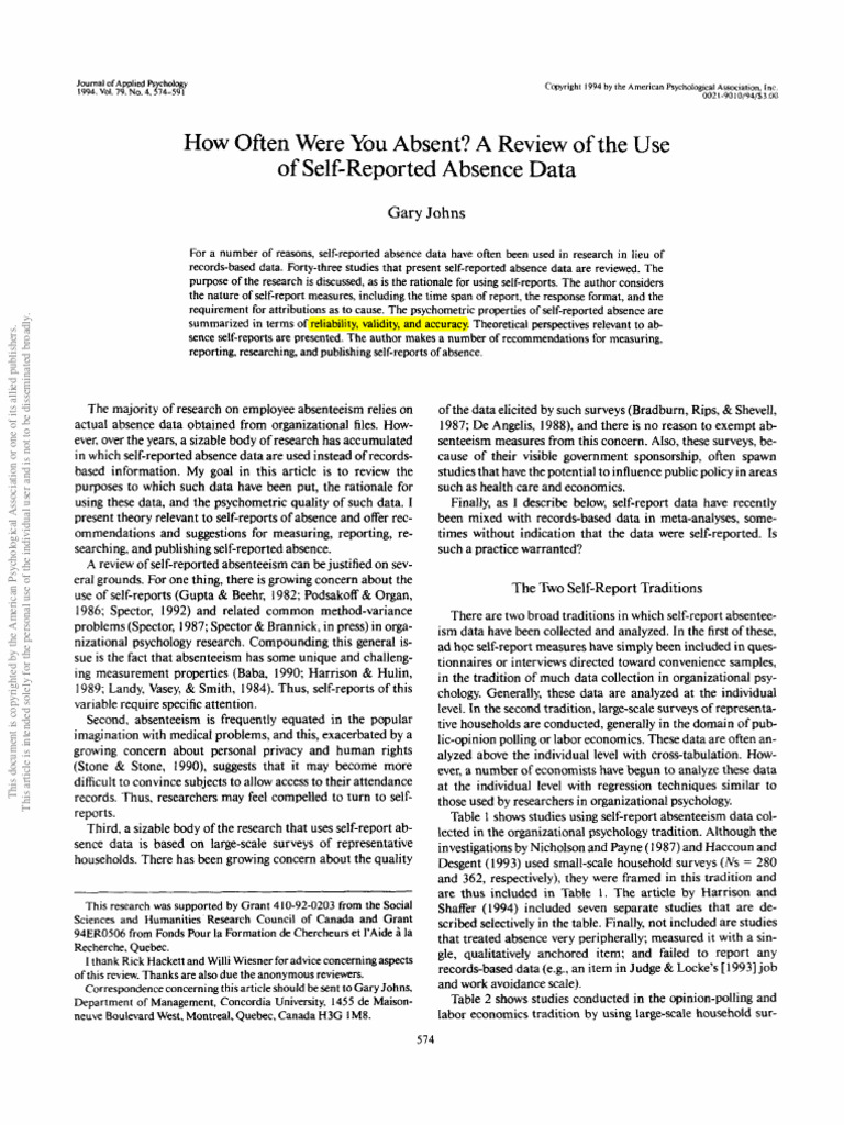 Johns, G. (1994) - JAP. How Often Were You Absent - A Review of The Use ...