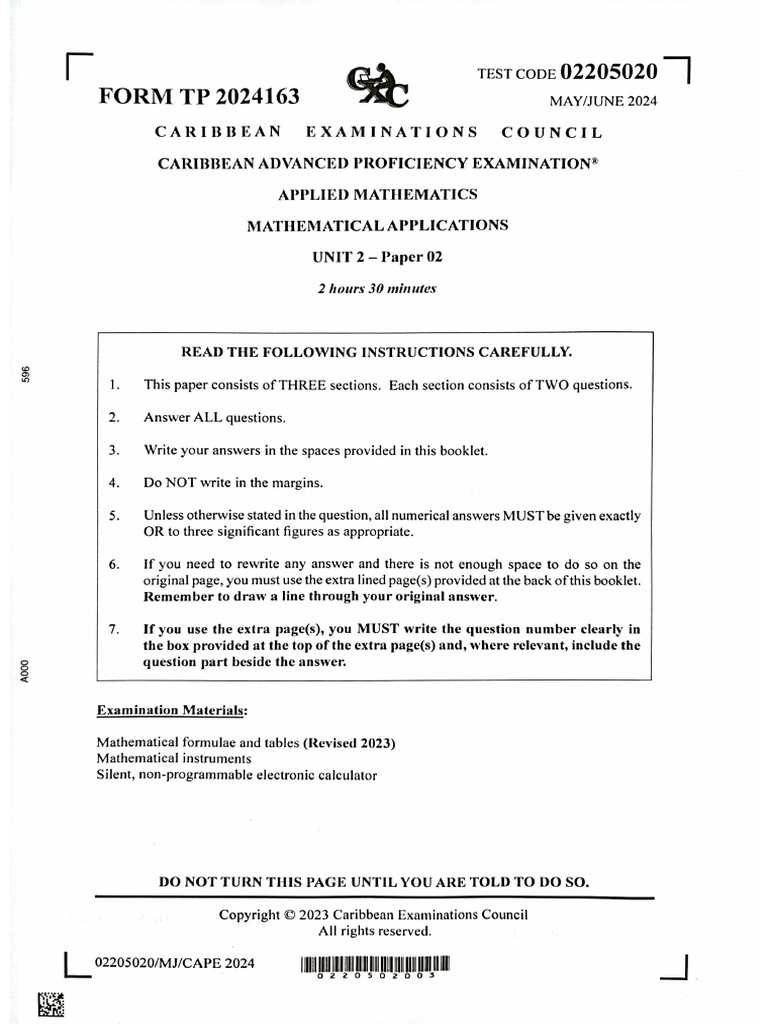 CAPE U2 Applied Mathematics P2 2024 | PDF