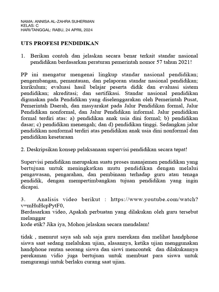 Uts-Annisa Al Zahra - Profesi Pendidikan | PDF