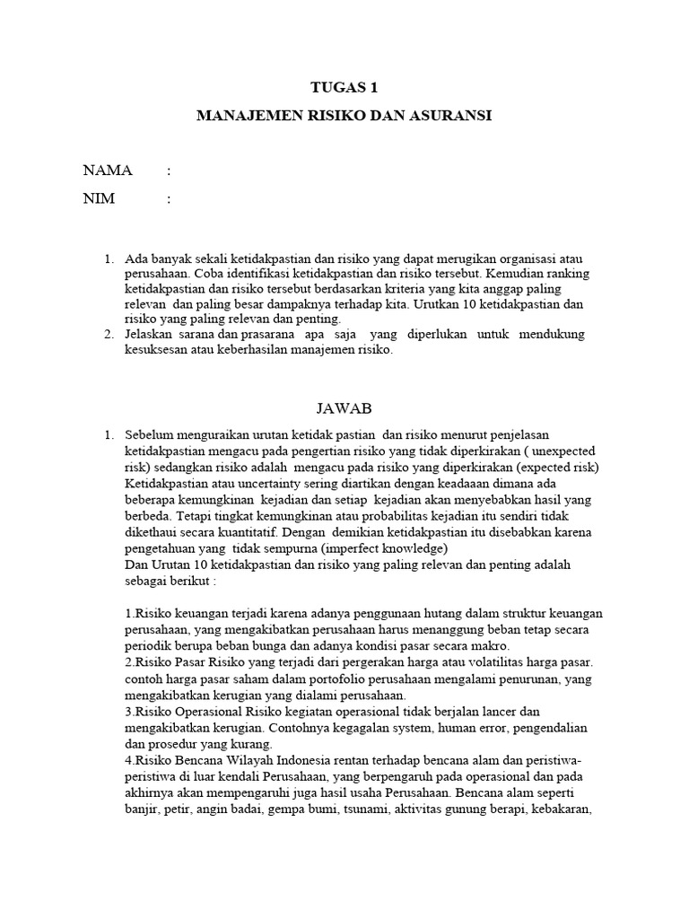 Tugas 1manajemen Risiko Dan Asuransi | PDF