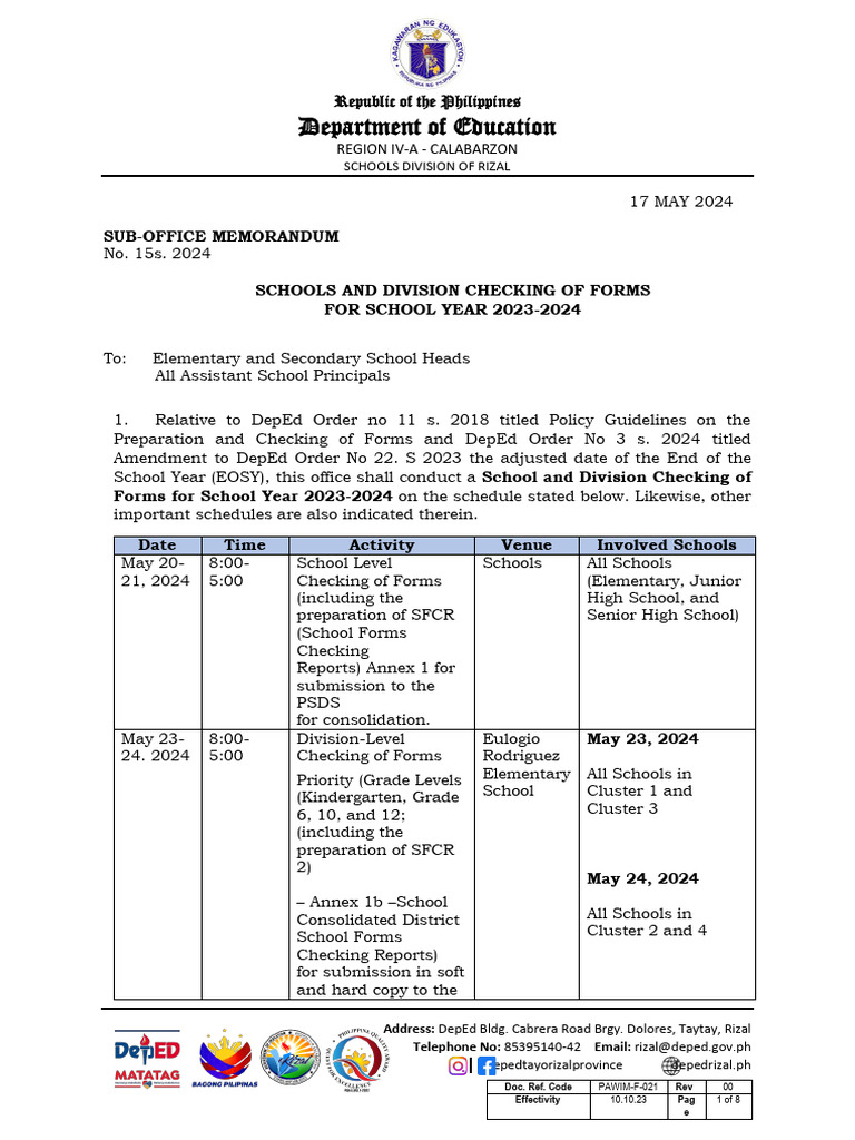 SO Memorandum 15 S. 2024 Schools and Division Checking of Forms | Download Free PDF ...