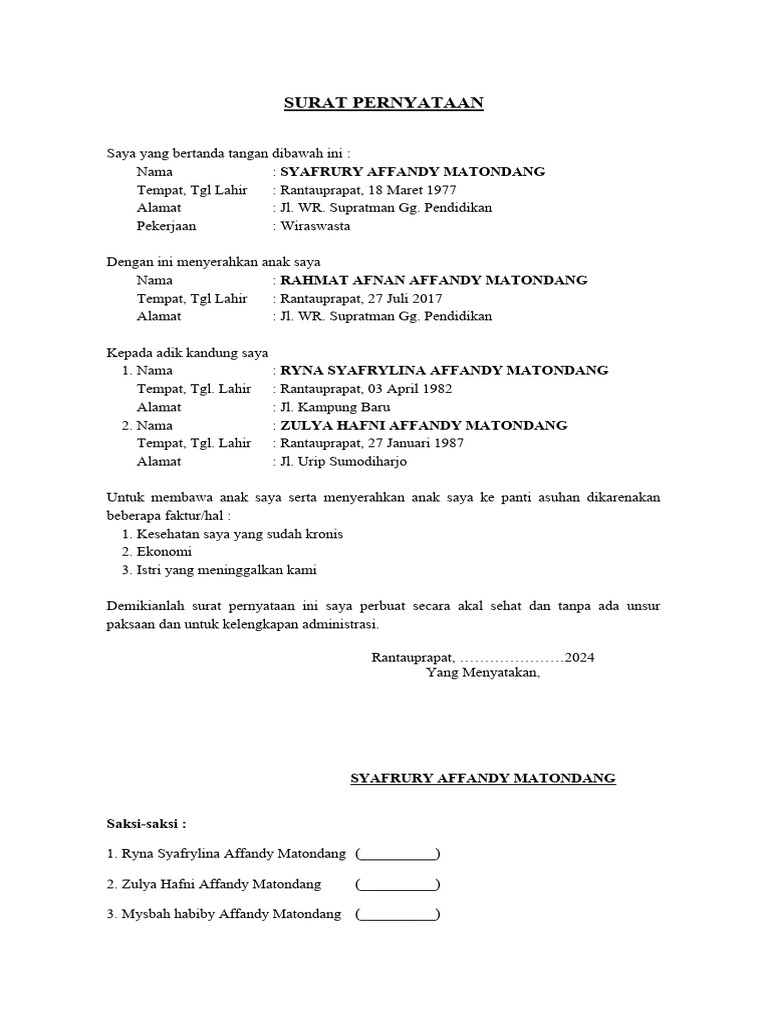 Surat Pernyataan Penyerahan Anak Ke Panti Asuhan | PDF Surat Pernyataan Penyerahan Anak Ke Panti Asuhan | PDF