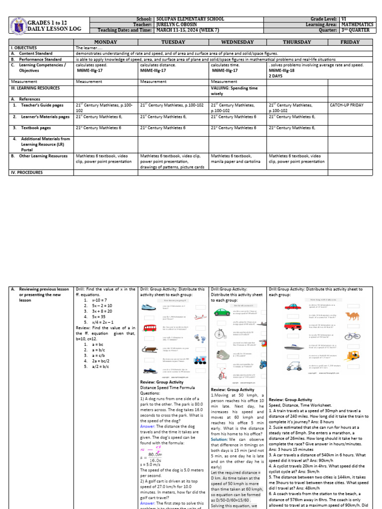 DLL - Mathematics 6 - Q3 - W7 | PDF | Speed | Time