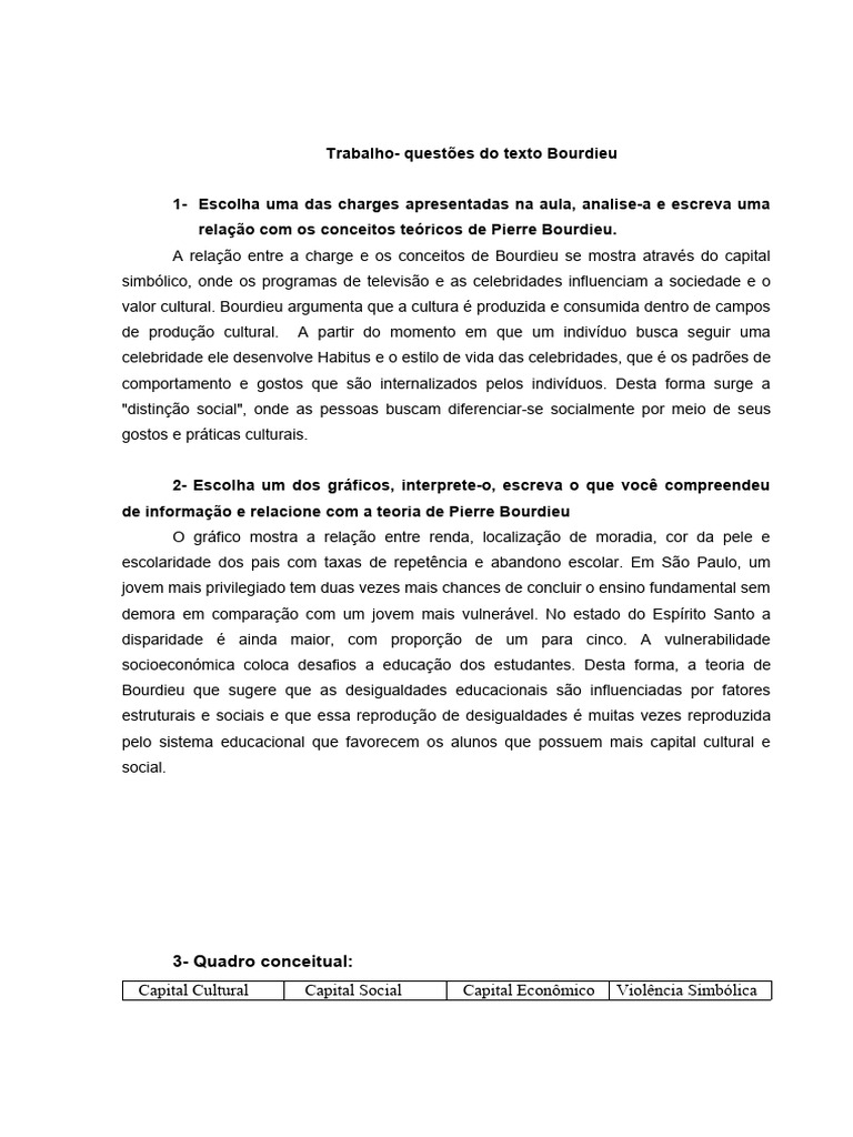Trabalho - Questões Do Texto Bourdieu | PDF | Sociologia | Desigualdade social