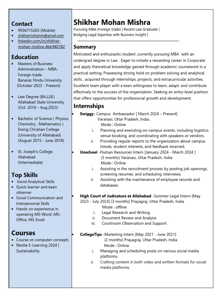 Shikhar Mohan's Resume | PDF | Master Of Business Administration | Educational Technology