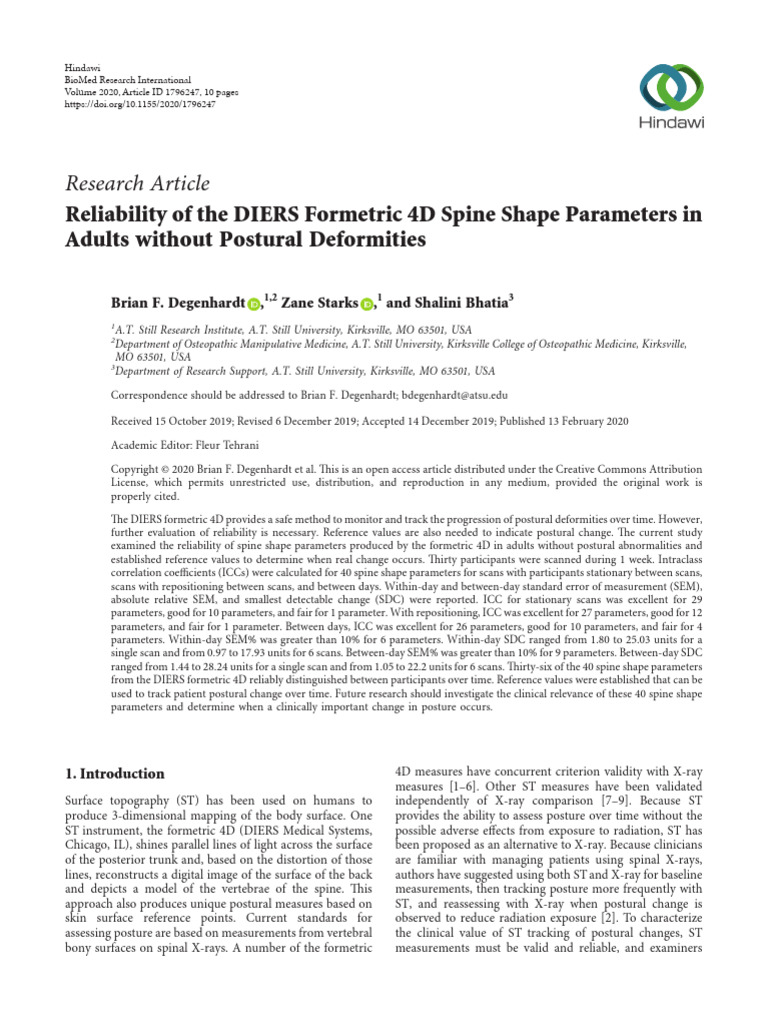 Research Article: Reliability of The DIERS Formetric 4D Spine Shape ...
