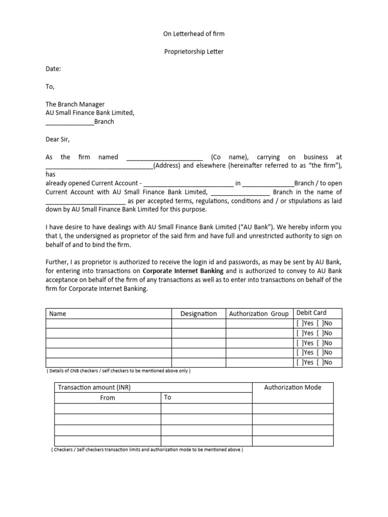 Proprietorship Letter for AU Bank Services | PDF | Banks | Online Banking