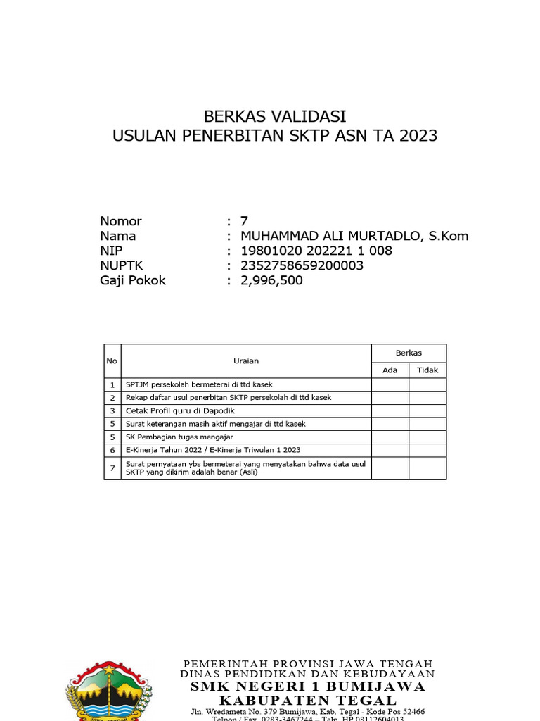 Template Individu Untuk Pemberkasan Usul SKTP SMT 1 Tw-1 Tahun 2023 | PDF