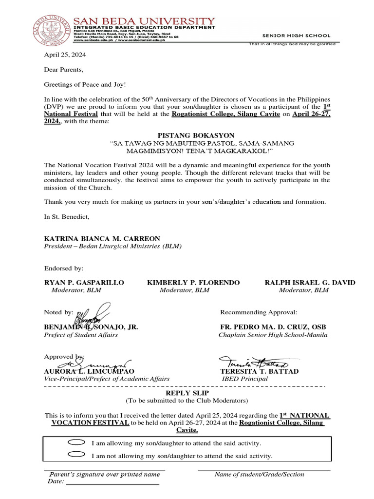 Letter To Parents or Guardian For Nationa Vocation Festival | PDF ...