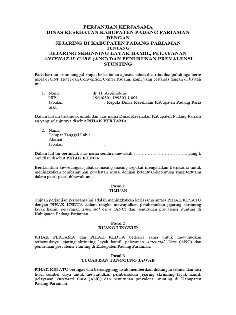 MoU Jejaring Skrining Layak Hamil, ANC, Dan Stunting | PDF