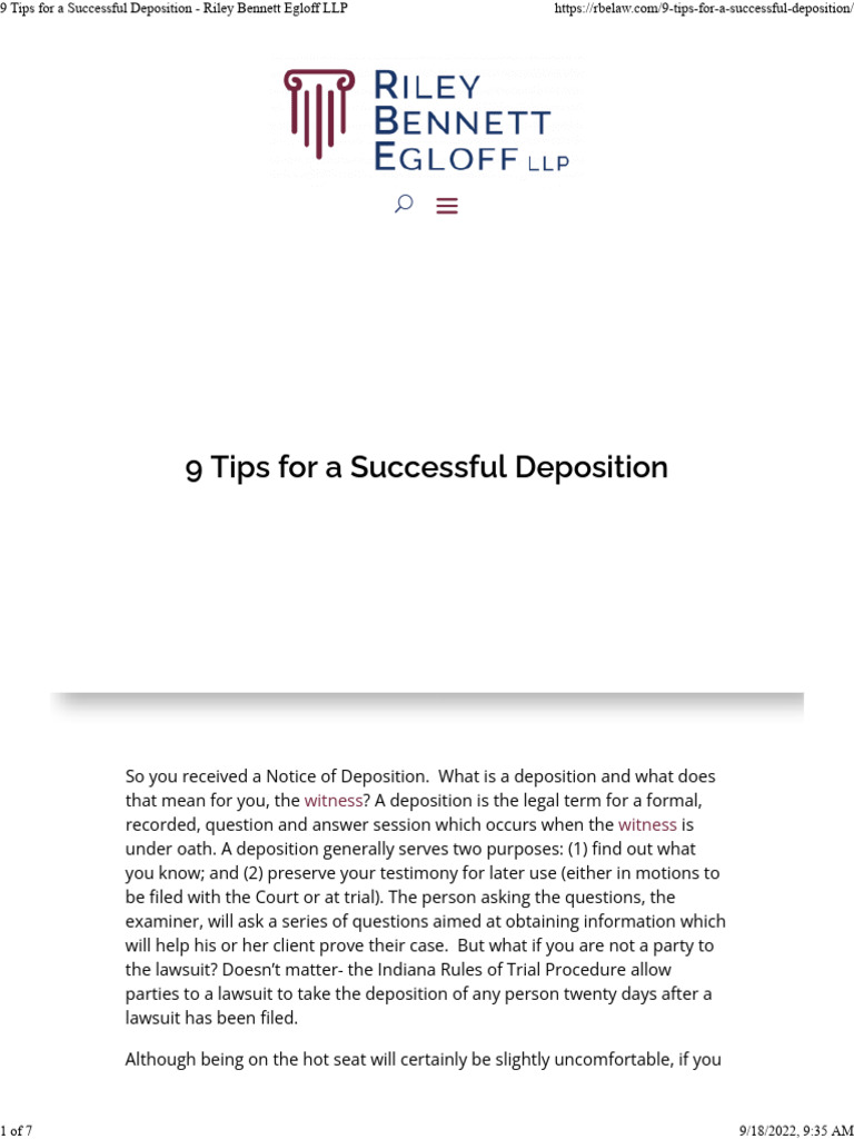 9 Tips For A Successful Deposition - Riley Bennett Egloff LLP | PDF ...