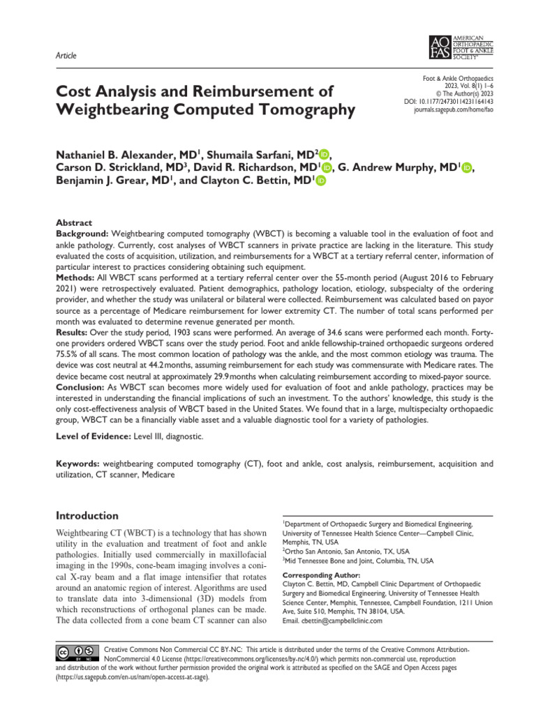 Cost Analysis and Reimbursement of Weightbearing Computed Tomography ...